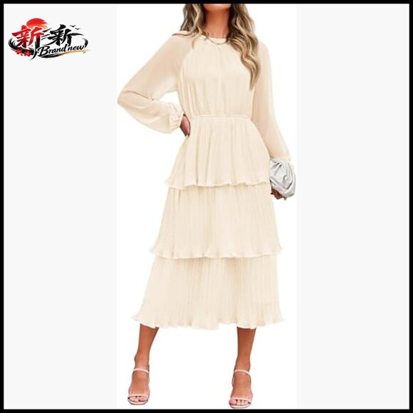 Dresses | Chiffon Long Sleeve Crew Neck Ruffle Tiered Swing Midi Dress ...